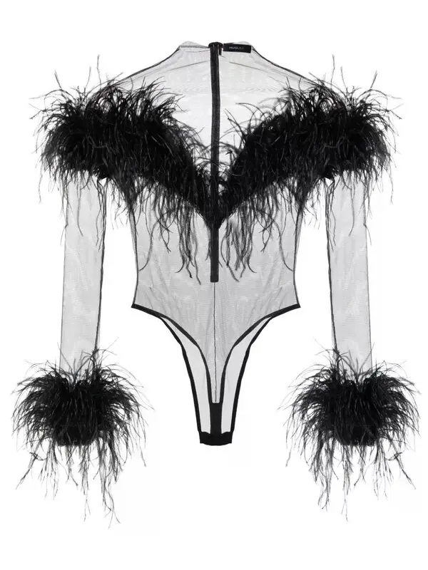 MUGLER Feather-trim Mesh Bodysuit - Black