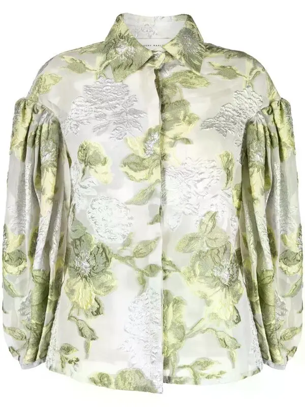 GEMY MAALOUF Floral-jacquard Puff-sleeve Organza Blouse - Green