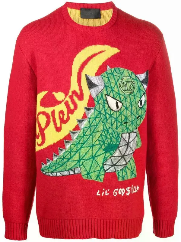Philipp Plein Dinosaur Motif Merino Wool Jumper