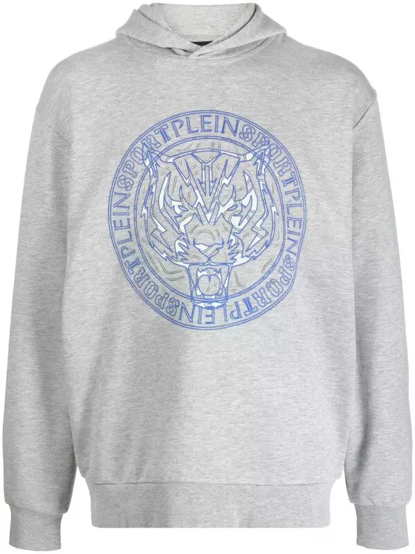 PLEIN SPORT Tiger-print Cotton Hoodie - Grey