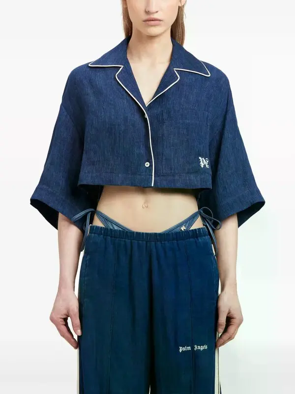 Palm Angels Monogram-embroidered Satin Cropped Shirt