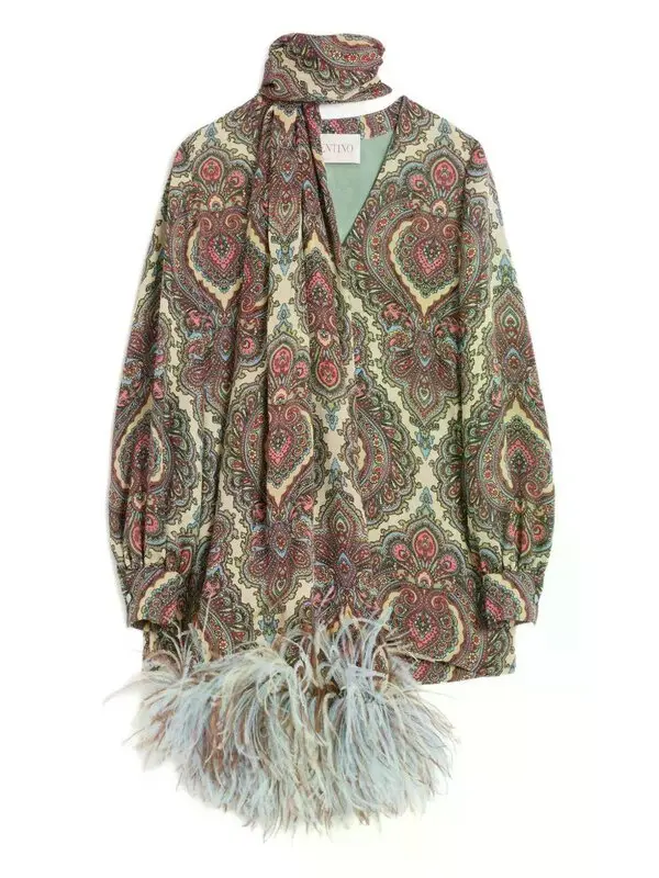 Valentino Garavani Voyage Imaginaire Cashmere-print Blouse With Feather Trim