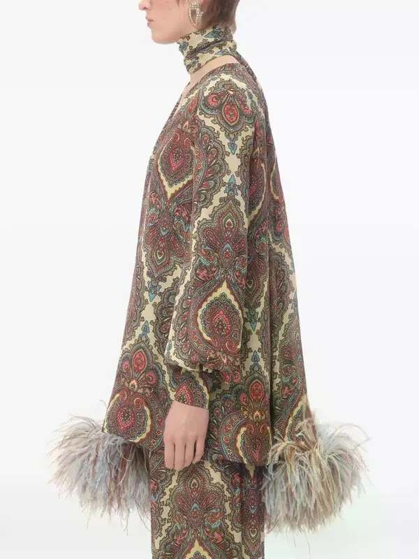 Valentino Garavani Voyage Imaginaire Cashmere-print Blouse With Feather Trim