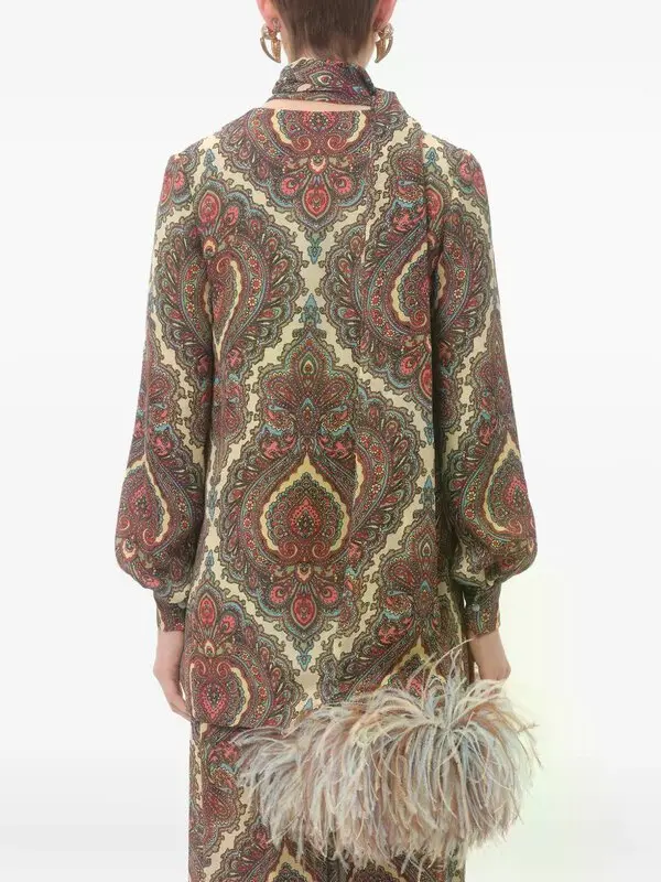 Valentino Garavani Voyage Imaginaire Cashmere-print Blouse With Feather Trim