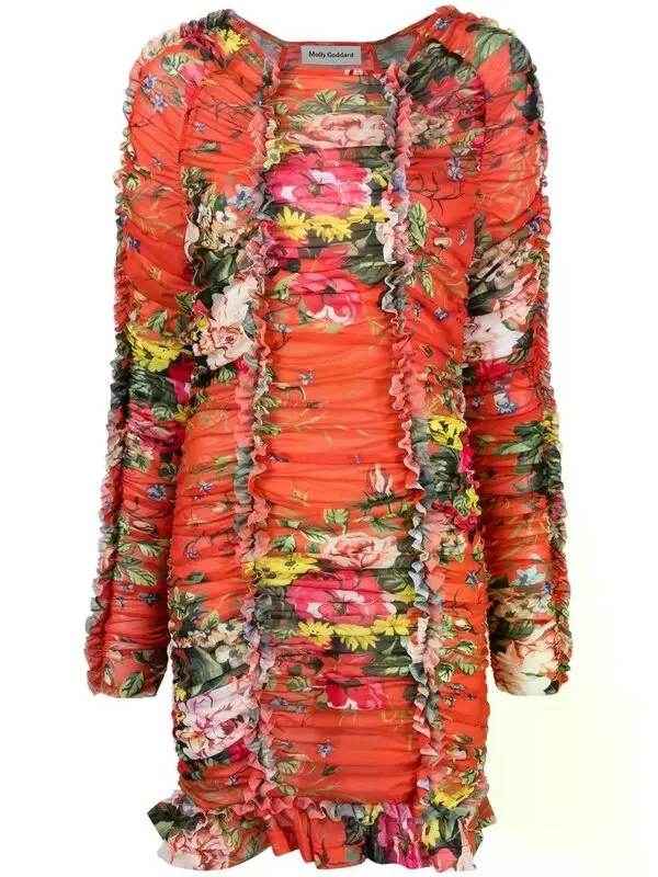 MOLLY GODDARD Floral-print Ruched Minidress - Red