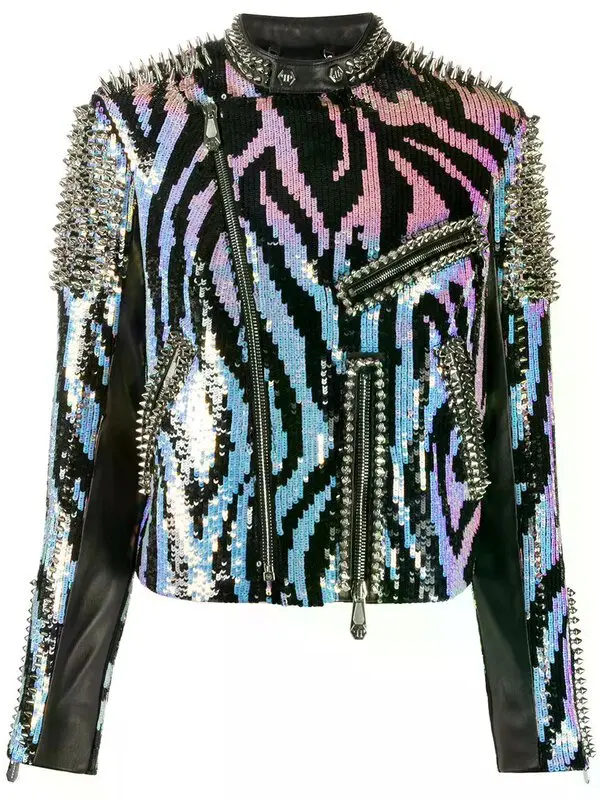 Philipp Plein Zebra Leather Biker Jacket - Black