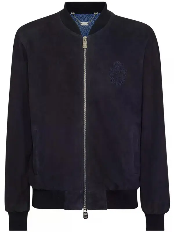BILLIONAIRE Crest-embroidered Suede Bomber Jacket