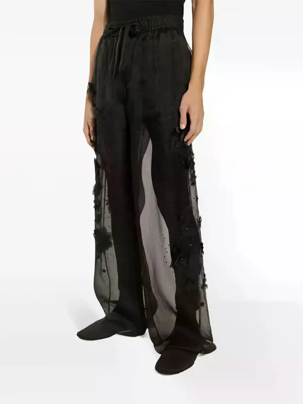Dolce & Gabbana Floral Appliqué Silk Wide-leg Trousers