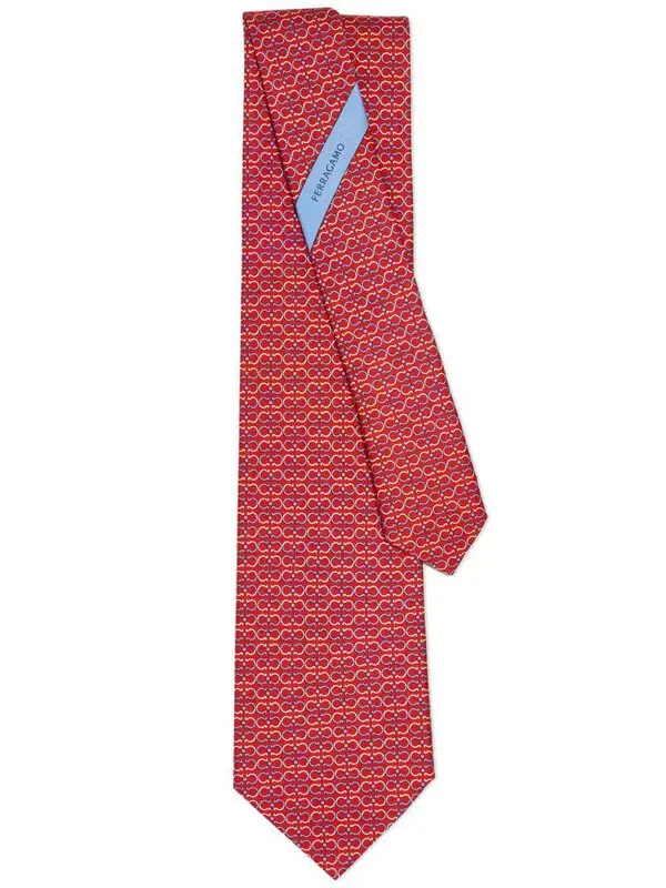 FERRAGAMO Gancini Print Silk Tie - Red
