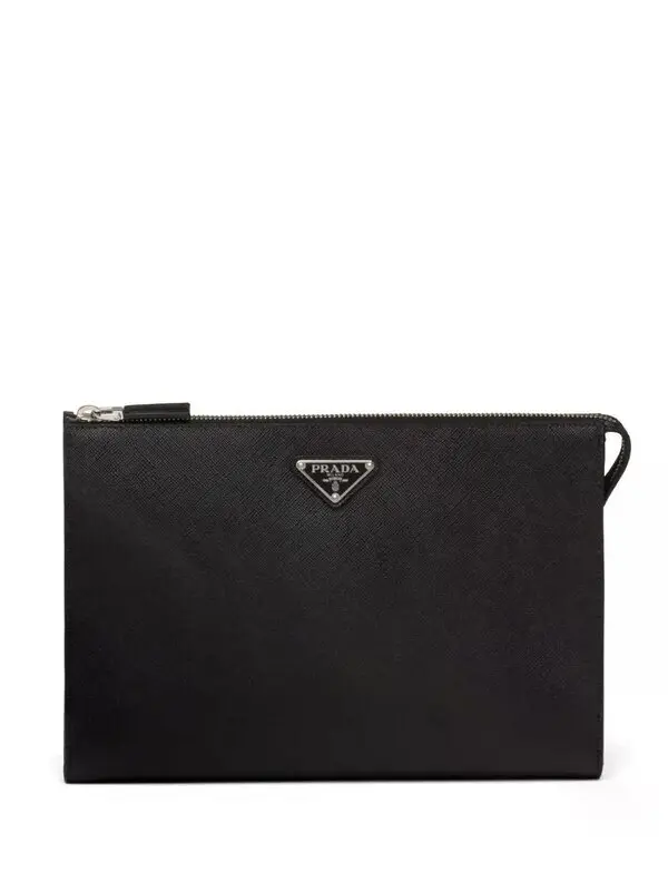 Prada Saffiano Leather Triangle-plaque Clutch Bag - Black