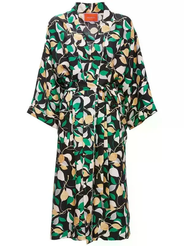 La DoubleJ Leaf Print Silk Robe - Black