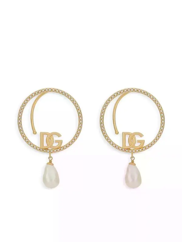 Dolce & Gabbana Dg Logo Pearl-embellished Hoop Earrings - Gold
