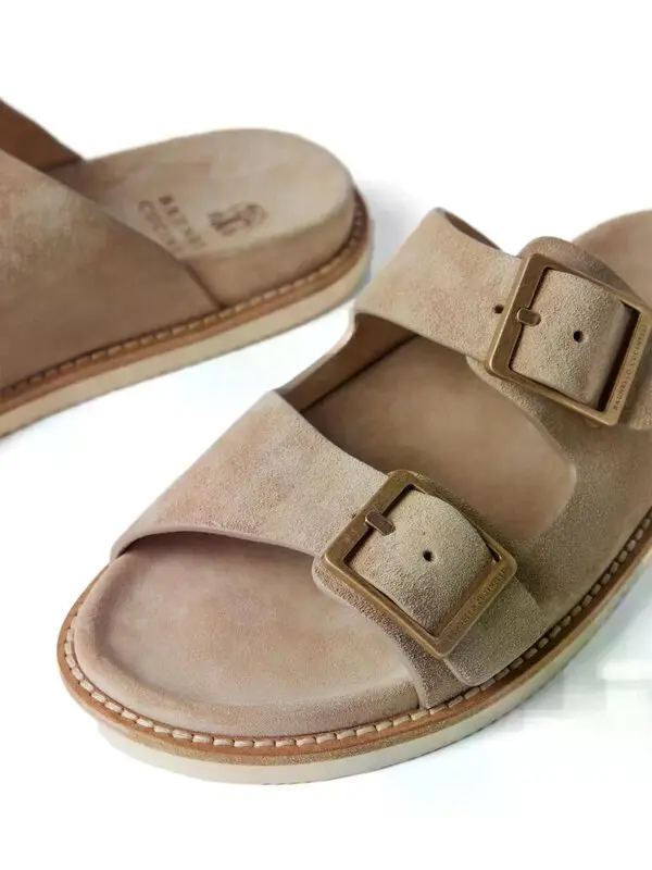 Brunello Cucinelli Double-buckle Suede Sandals - Neutrals