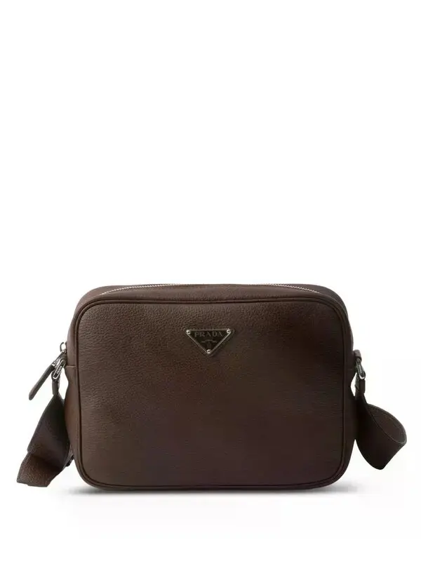 Prada Logo Plaque Leather Messenger Bag - Brown