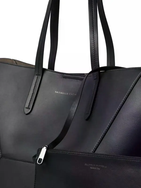 Brunello Cucinelli Leather Tote Bag With Monili Chain Detail - Black