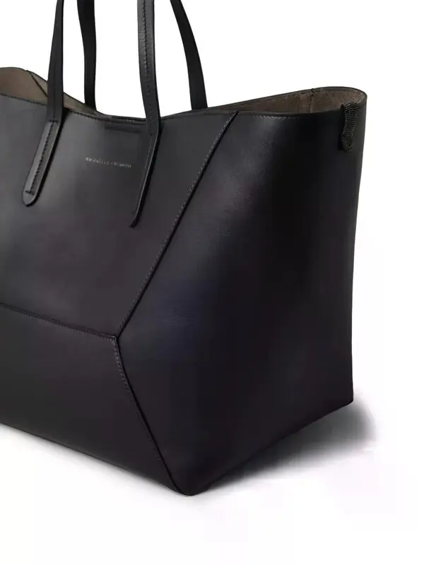 Brunello Cucinelli Leather Tote Bag With Monili Chain Detail - Black