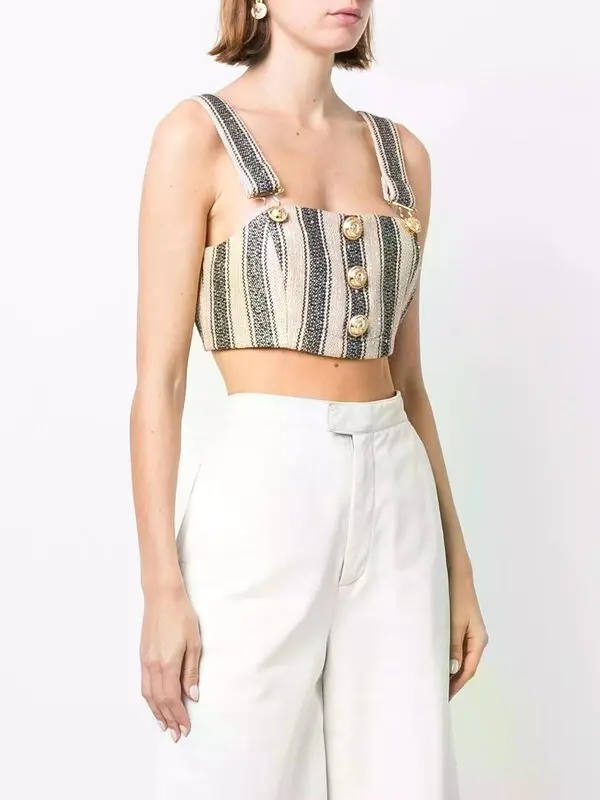Balmain Striped Cropped Top With Gold-tone Buttons