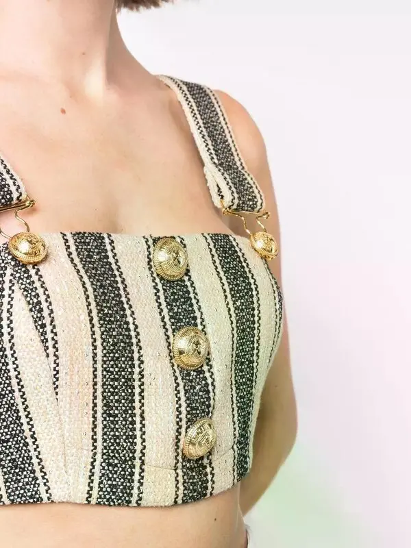 Balmain Striped Cropped Top With Gold-tone Buttons