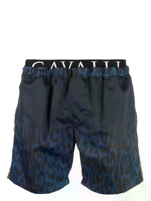 Roberto Cavalli Leopard Print Logo-waistband Swim Shorts - Blue
