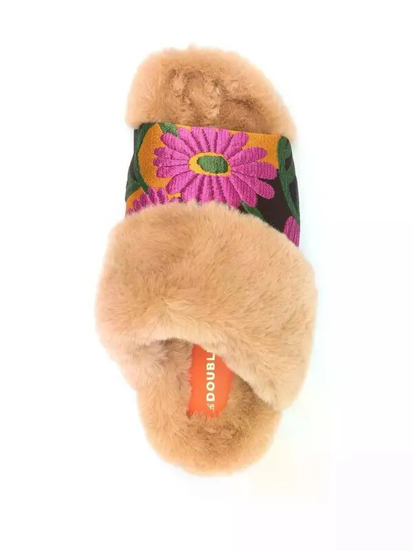 La DoubleJ Faux-fur Floral Strap Slides