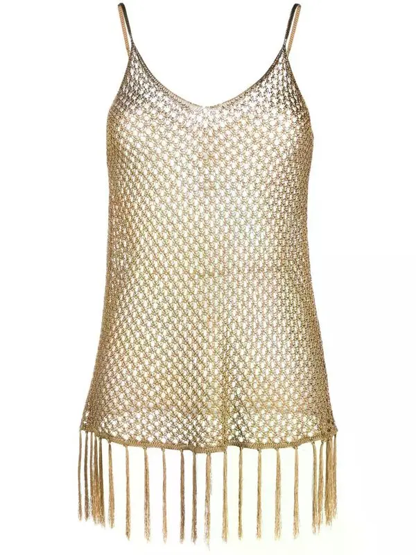 Dodo Bar Or Open-knit Fringed Top - Gold