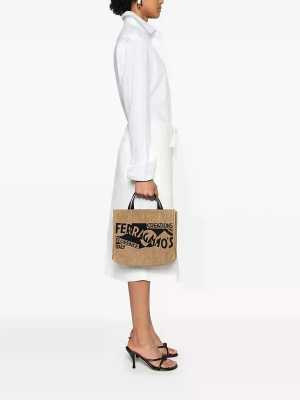 FERRAGAMO Logo-embroidered Raffia Tote Bag