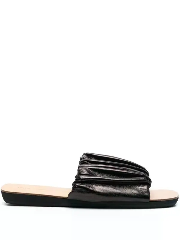JIL SANDER Leather Gathered Detail Slides - Black
