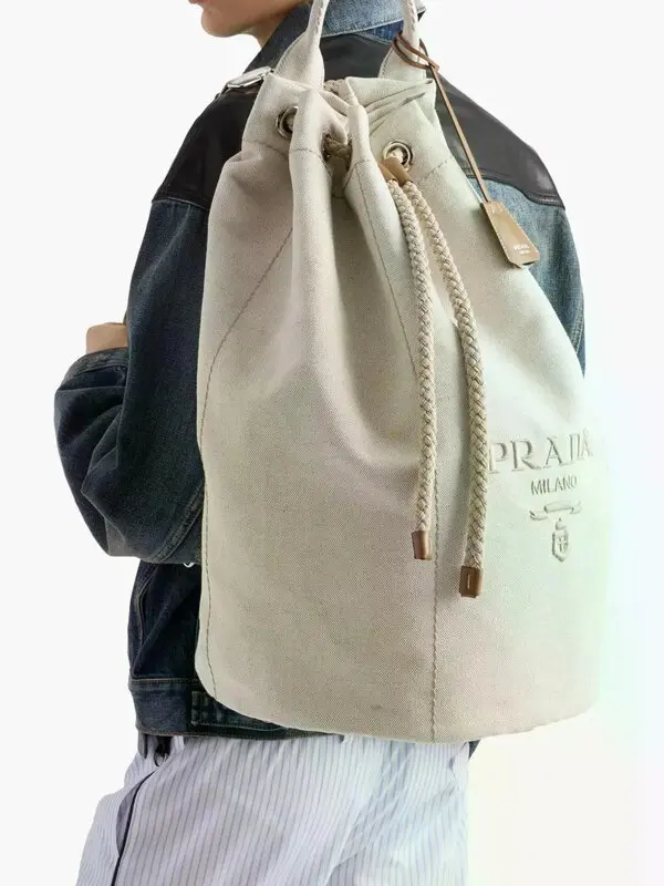 Prada Logo-embroidered Linen Blend Backpack - Neutrals
