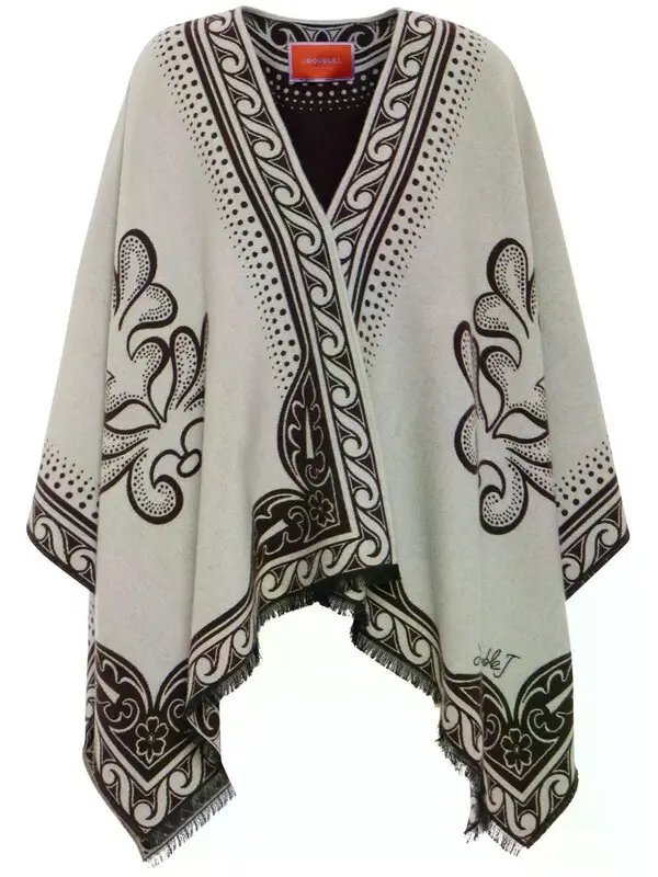 La DoubleJ Two-tone Botanical Print Wool-silk Blend Poncho