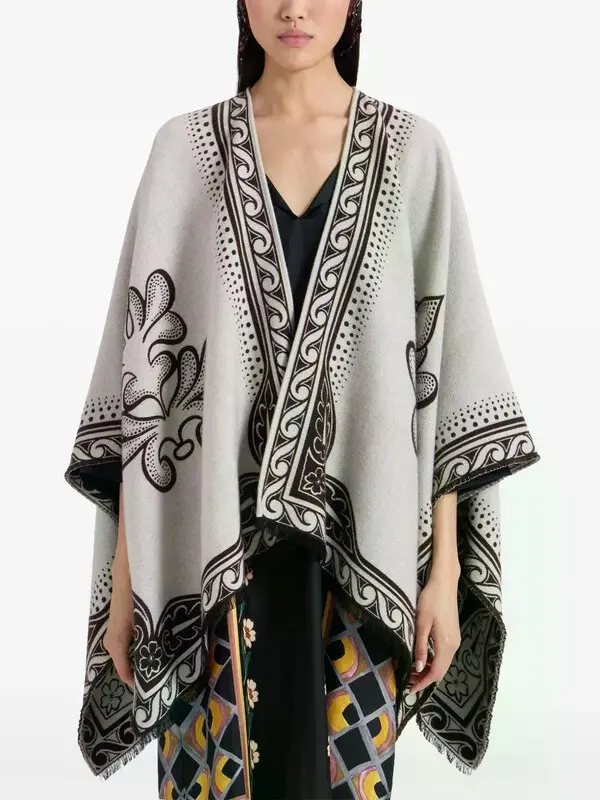 La DoubleJ Two-tone Botanical Print Wool-silk Blend Poncho