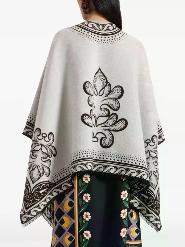 La DoubleJ Two-tone Botanical Print Wool-silk Blend Poncho