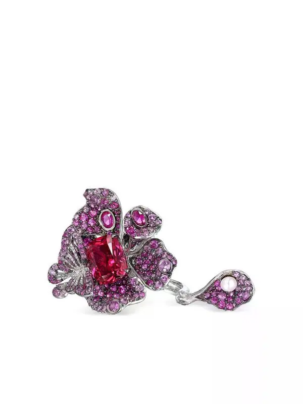 ANABELA CHAN 18kt White Gold Vermeil Ruby Peony Butterfly Gemstone Ring - Red