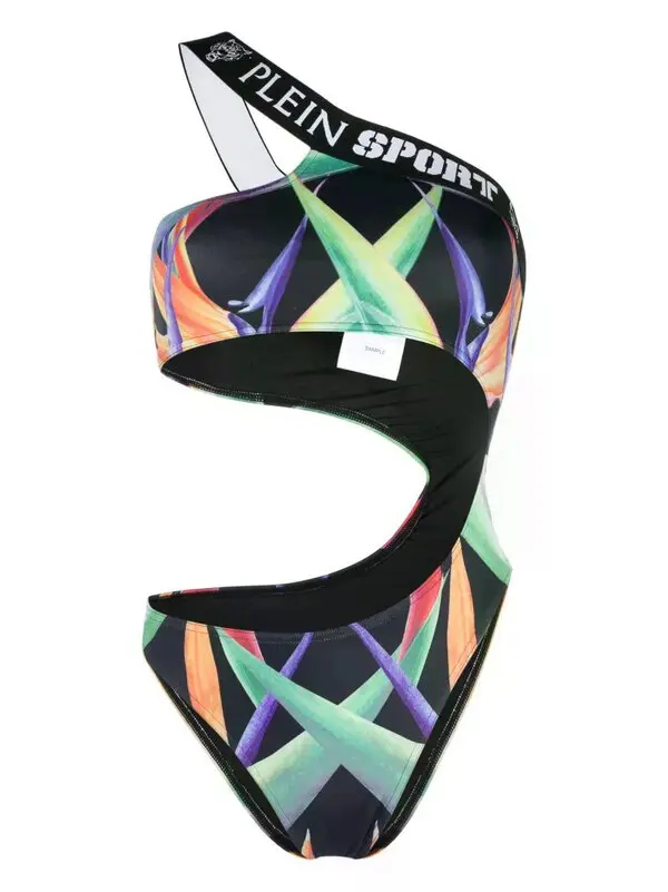 PLEIN SPORT Graphic-print One-shoulder Swimsuit - Black