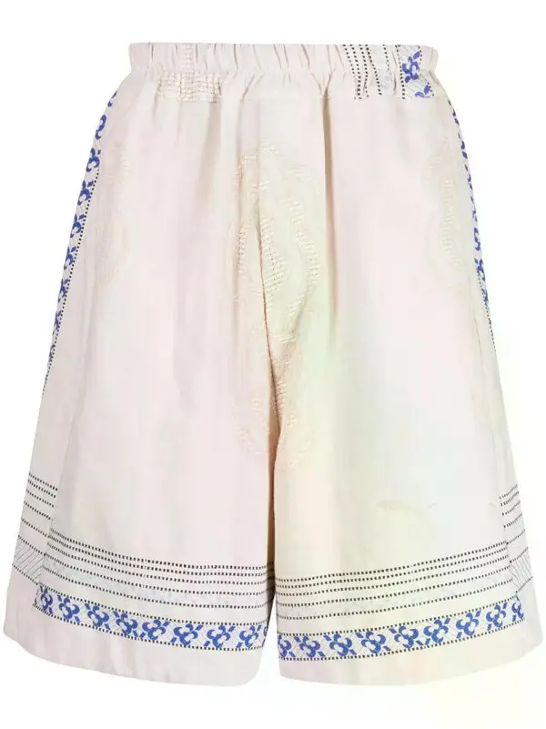 By Walid Floral-embroidered Linen Drop-crotch Shorts - Neutrals