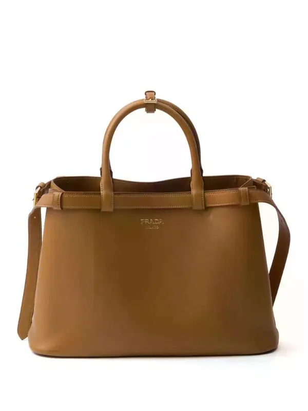 Prada Medium Leather Tote Bag With Buckle Detail - Brown