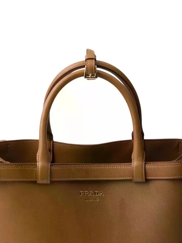 Prada Medium Leather Tote Bag With Buckle Detail - Brown