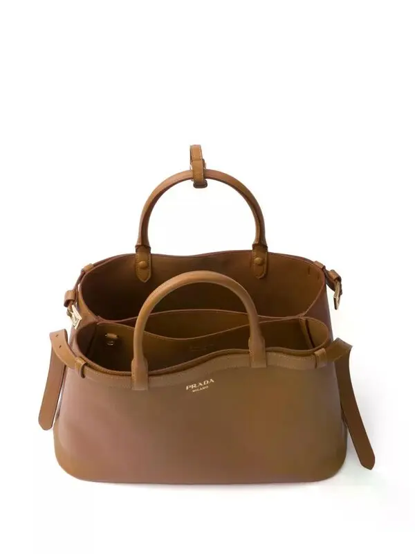 Prada Medium Leather Tote Bag With Buckle Detail - Brown