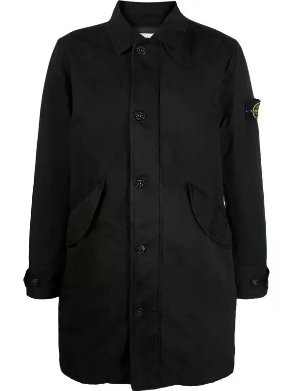 Stone Island Single-breasted Coat With Logo Patch - Black