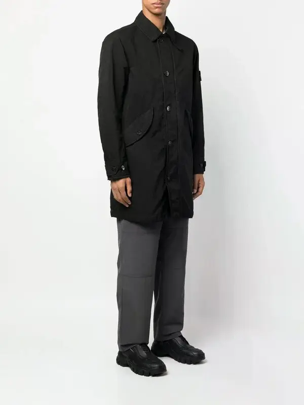 Stone Island Single-breasted Coat With Logo Patch - Black