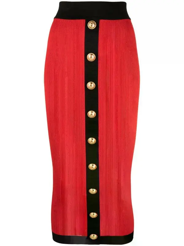 Balmain Buttoned Knit Midi Skirt - Red