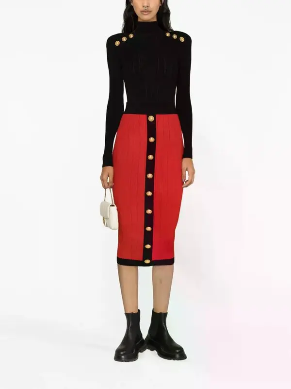 Balmain Buttoned Knit Midi Skirt - Red