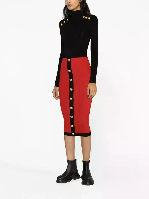 Balmain Buttoned Knit Midi Skirt - Red