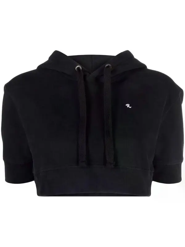Raf Simons Cropped Short-sleeve Hoodie With Embroidered Logo - Black