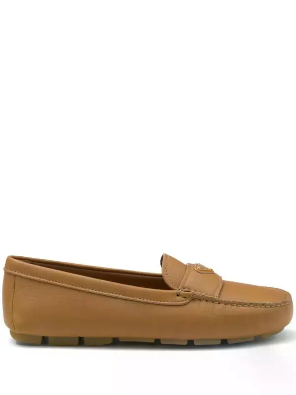 Prada Enamel Triangle-logo Leather Loafers - Brown