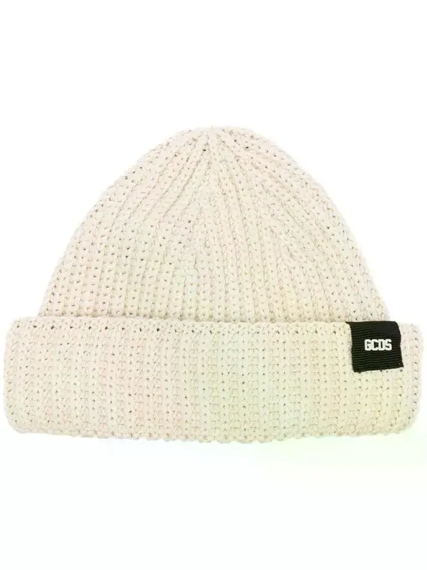 Gcds Logo-patch Ribbed Knit Beanie - Neutrals