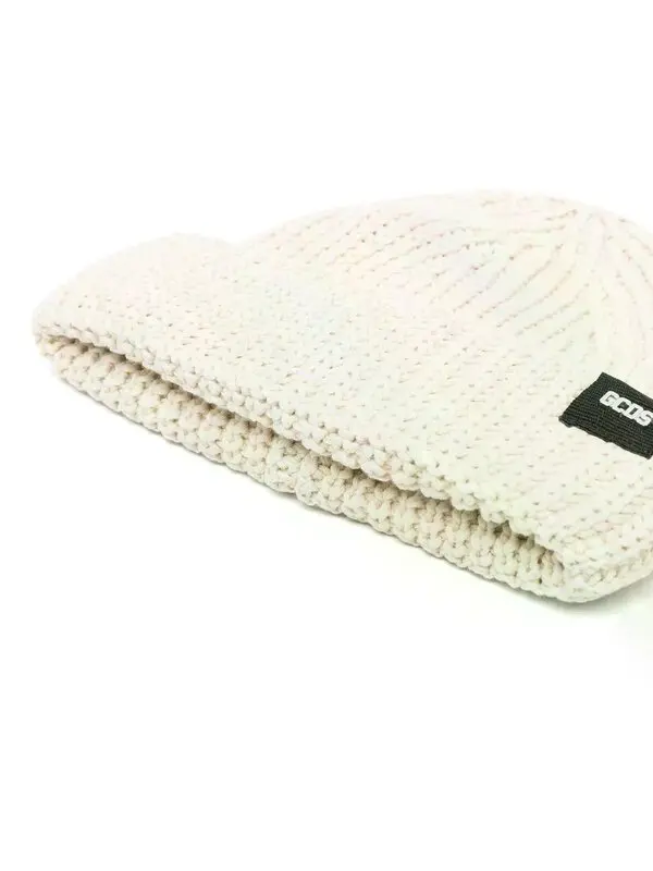 Gcds Logo-patch Ribbed Knit Beanie - Neutrals