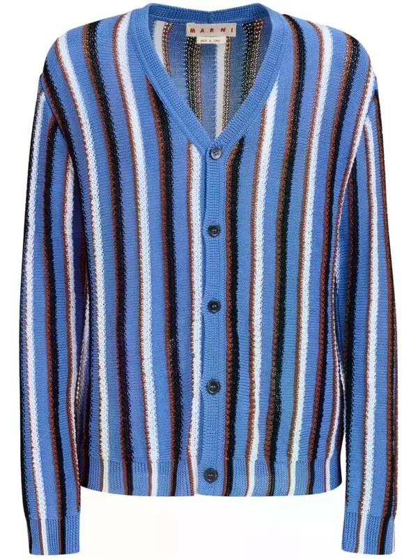 Marni Stripe-pattern V-neck Cotton Cardigan - Blue