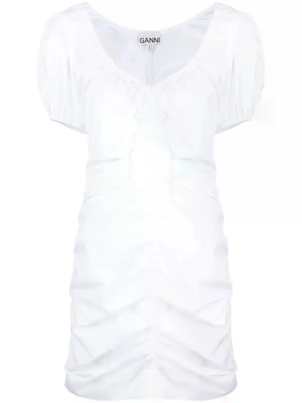 GANNI Ruched Puff-sleeve Minidress