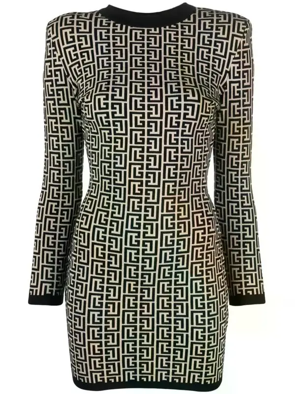 Balmain Monogram-print Wool-blend Dress