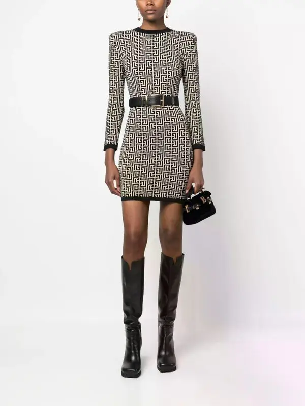 Balmain Monogram-print Wool-blend Dress